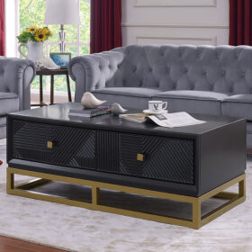 Black Gloss Geometric Embossed Wood And Gold Metal 4 Drawer Coffee Table 120cm | Picture Perfect ...