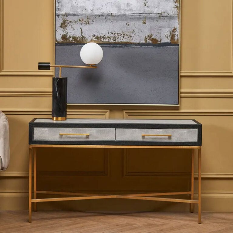 Grey Faux Shagreen Leather And Gold Metal 2 Drawer Console Table Desk ...