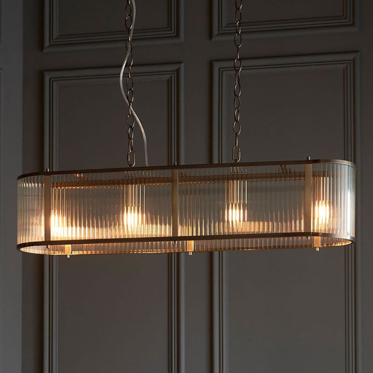 Linear Antique Gold Brass Metal And Ribbed Glass Large Ceiling Pendant ...