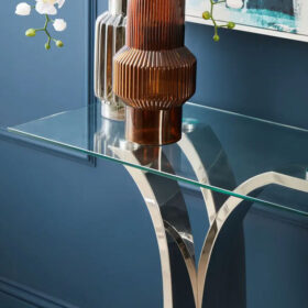 Modern Silver Chrome Metal Sweeping Arcs And Clear Glass Console Table ...