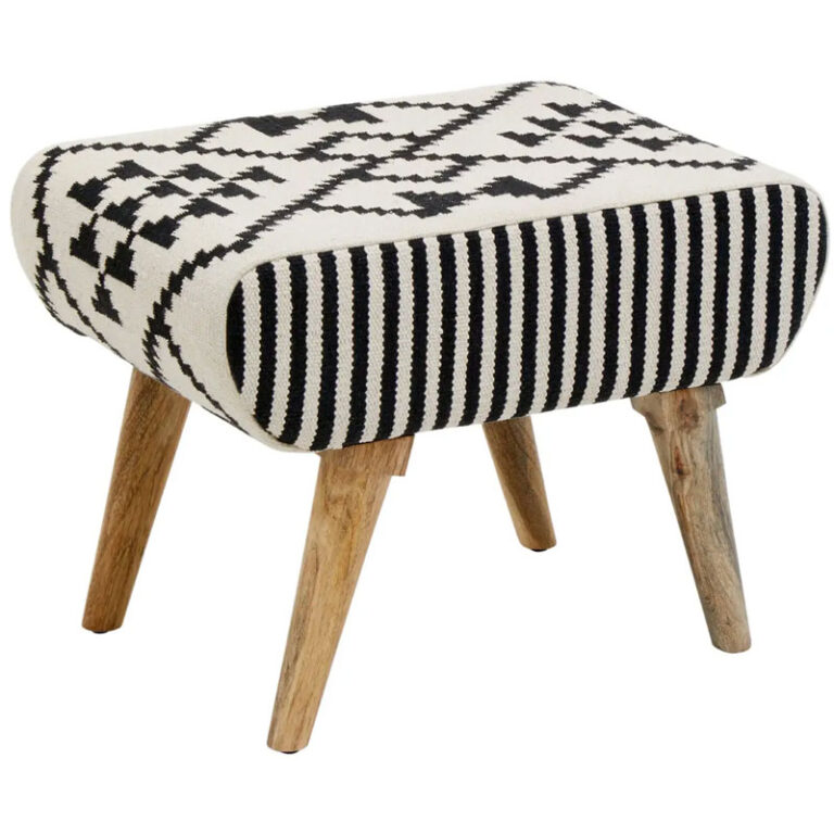 Boho Black And White Geometric Cotton And Solid Mango Wood Stool ...