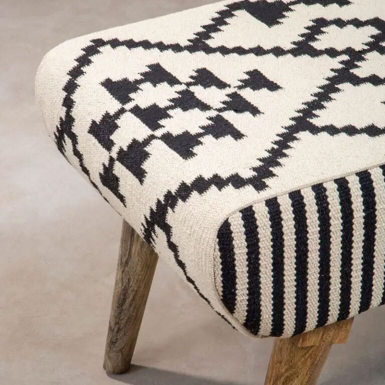 Boho Black And White Geometric Cotton And Solid Mango Wood Stool ...