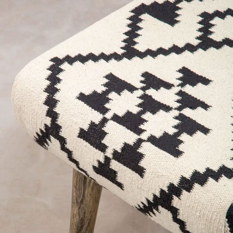 Boho Black And White Geometric Cotton And Solid Mango Wood Stool ...