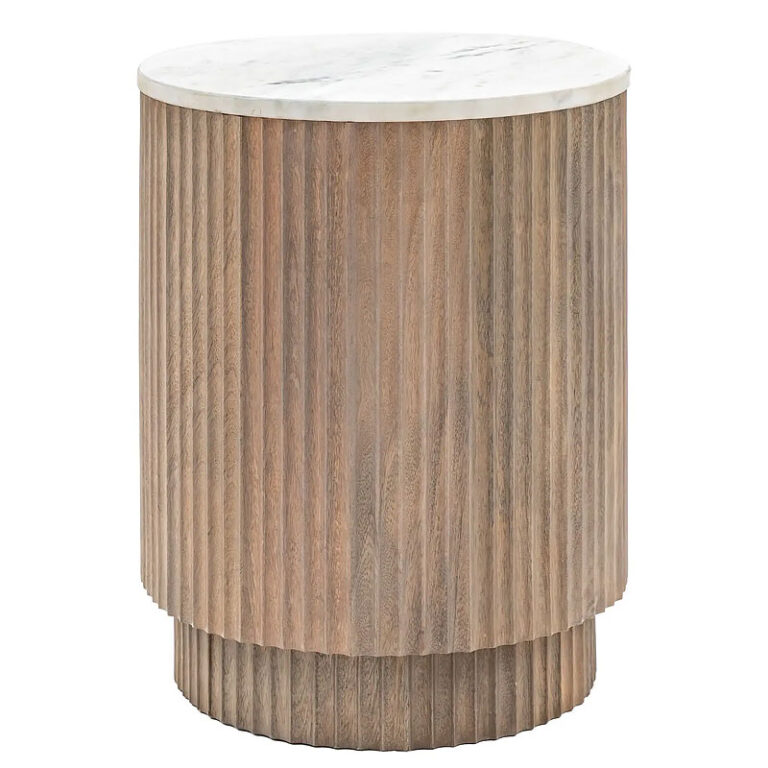 Boho Rustic Solid Ribbed Grey Mango Wood Side Table With White Carrera ...