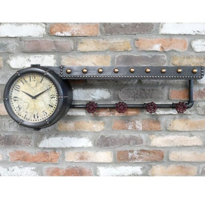 Industrial Grey Metal World Map Wall Clock With Shelf And Pipe Hooks ...