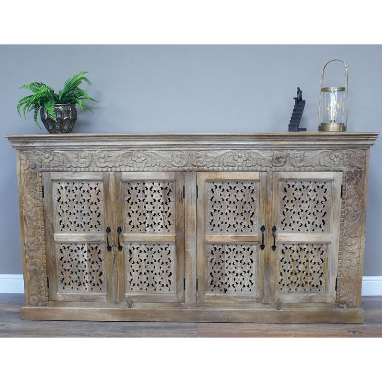 Boho Rustic Solid Light Carved Mango Wood 4 Door Extra Large Sideboard ...