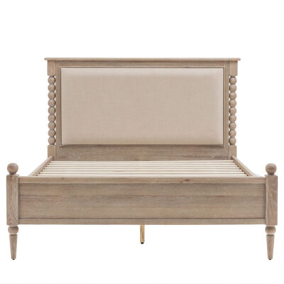 Rustic Country Cottage Light Oak Wood Fabric Upholstered Headboard King ...
