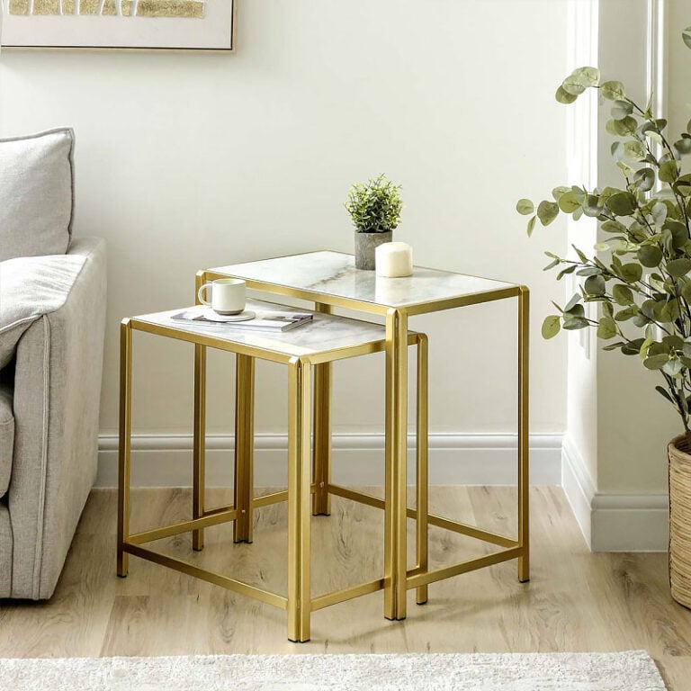 Set Of 2 Gold Metal Nesting Side Tables With White Marble Tops ...