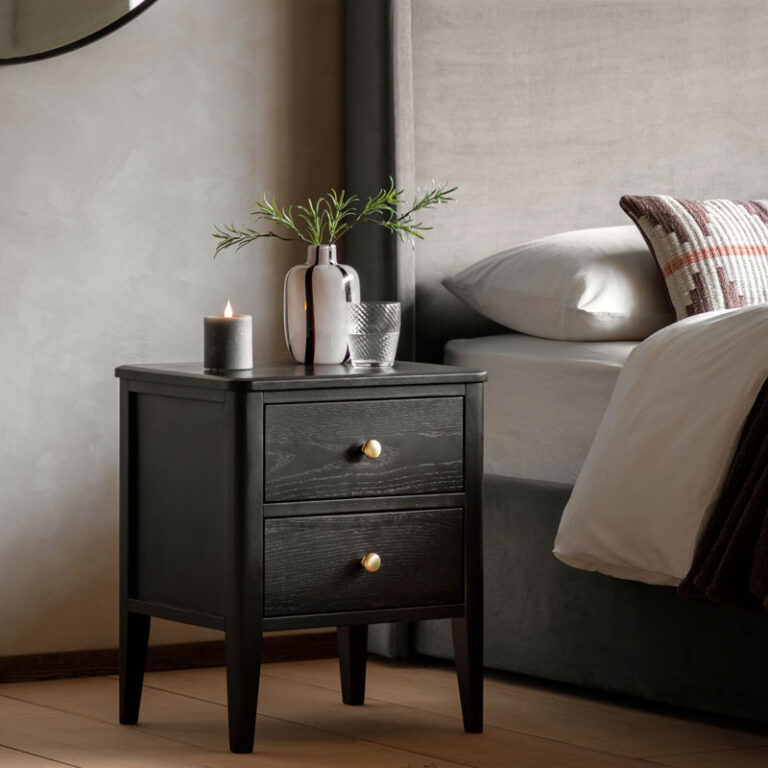 2 Drawer Black Wood Bedside Cabinet Side Table With Gold Metal Handles ...