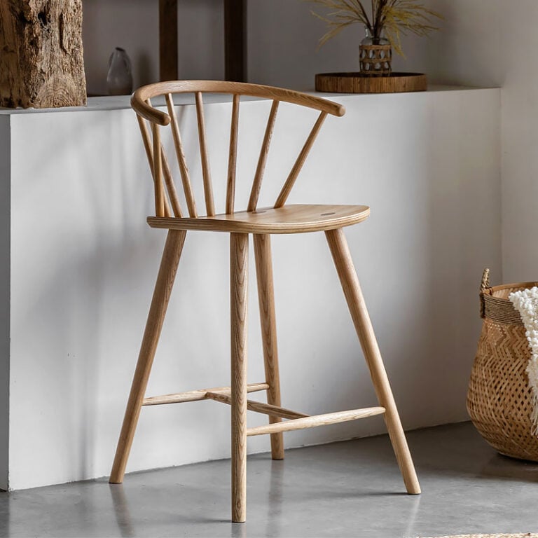 Rustic Scandi Japandi Light Oak Wood Spindle Back Bar Stool | Picture ...