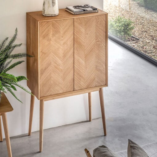 Rustic Scandi Japandi Light Oak Wood 2 Chevron Doors Drinks Bar Cabinet ...