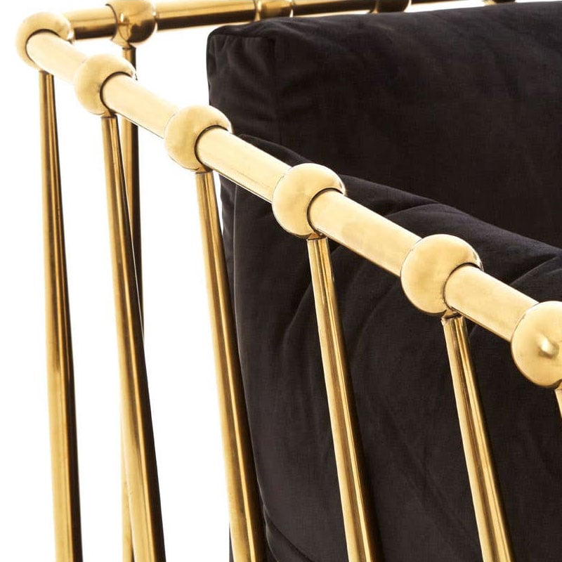 Art Deco Gold Metal And Black Velvet Tubular Design 3 Seater Sofa 210cm ...