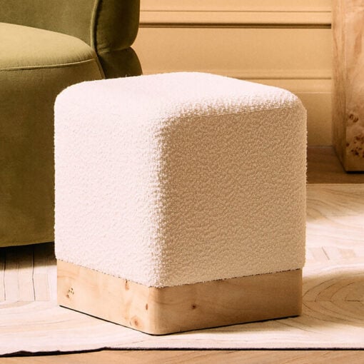 Boho Rustic Cream White Boucle Fabric And Burl Light Wood Square Stool ...