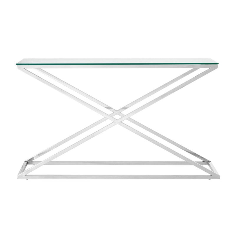 Contemporary Cross Base Silver Chrome Steel And Clear Glass Console ...