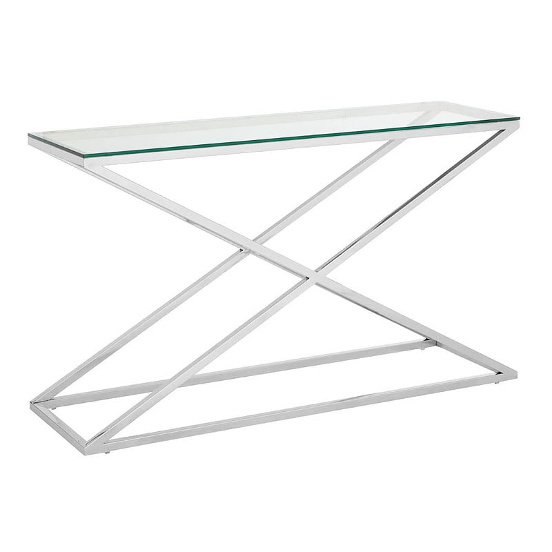 Contemporary Cross Base Silver Chrome Steel And Clear Glass Console ...