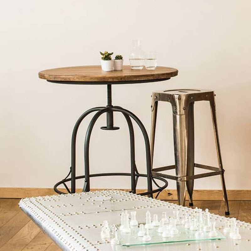 Industrial Black Metal And Solid Wood Round Height Adjustable Bar Table ...